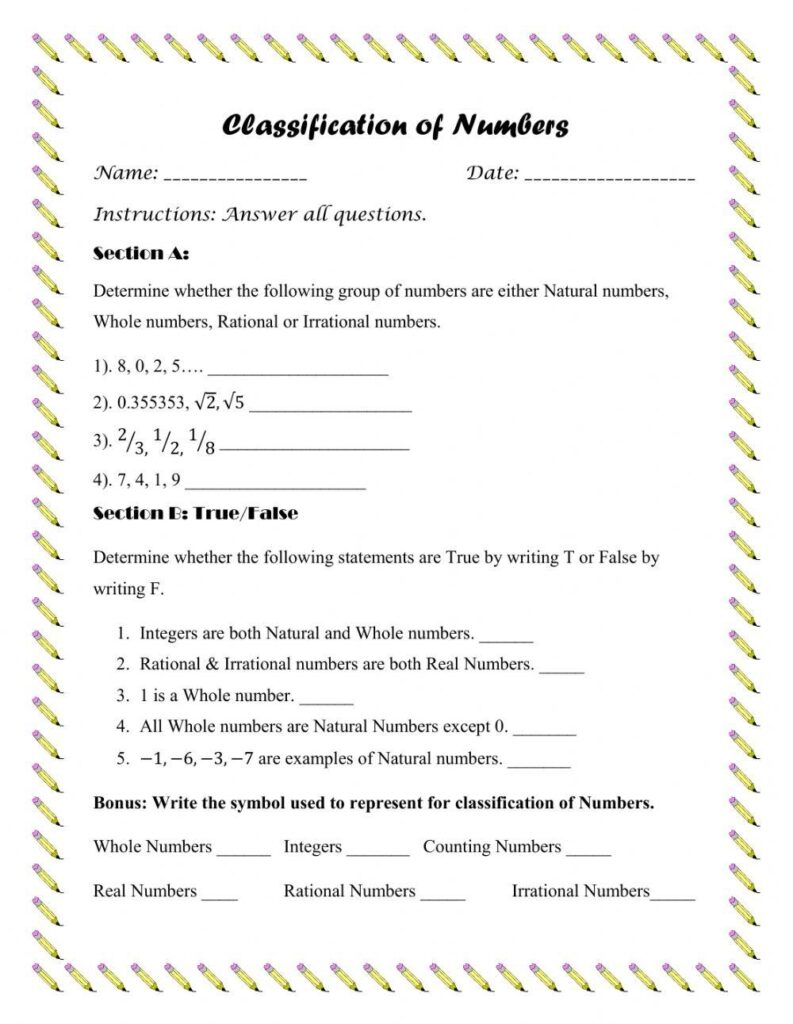 Classification Of Numbers Worksheet - kids Printable