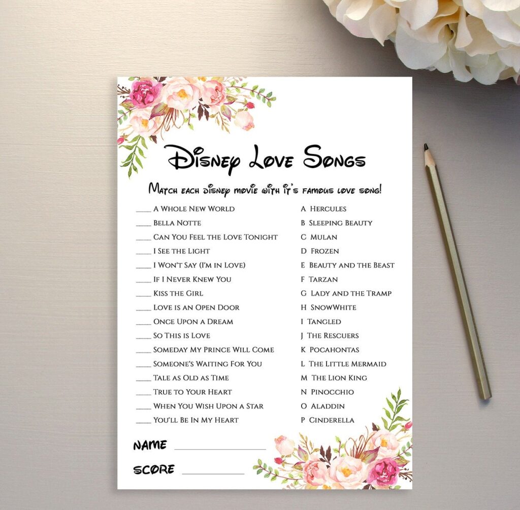 Free Printable Disney Love Song Game - kids Printable