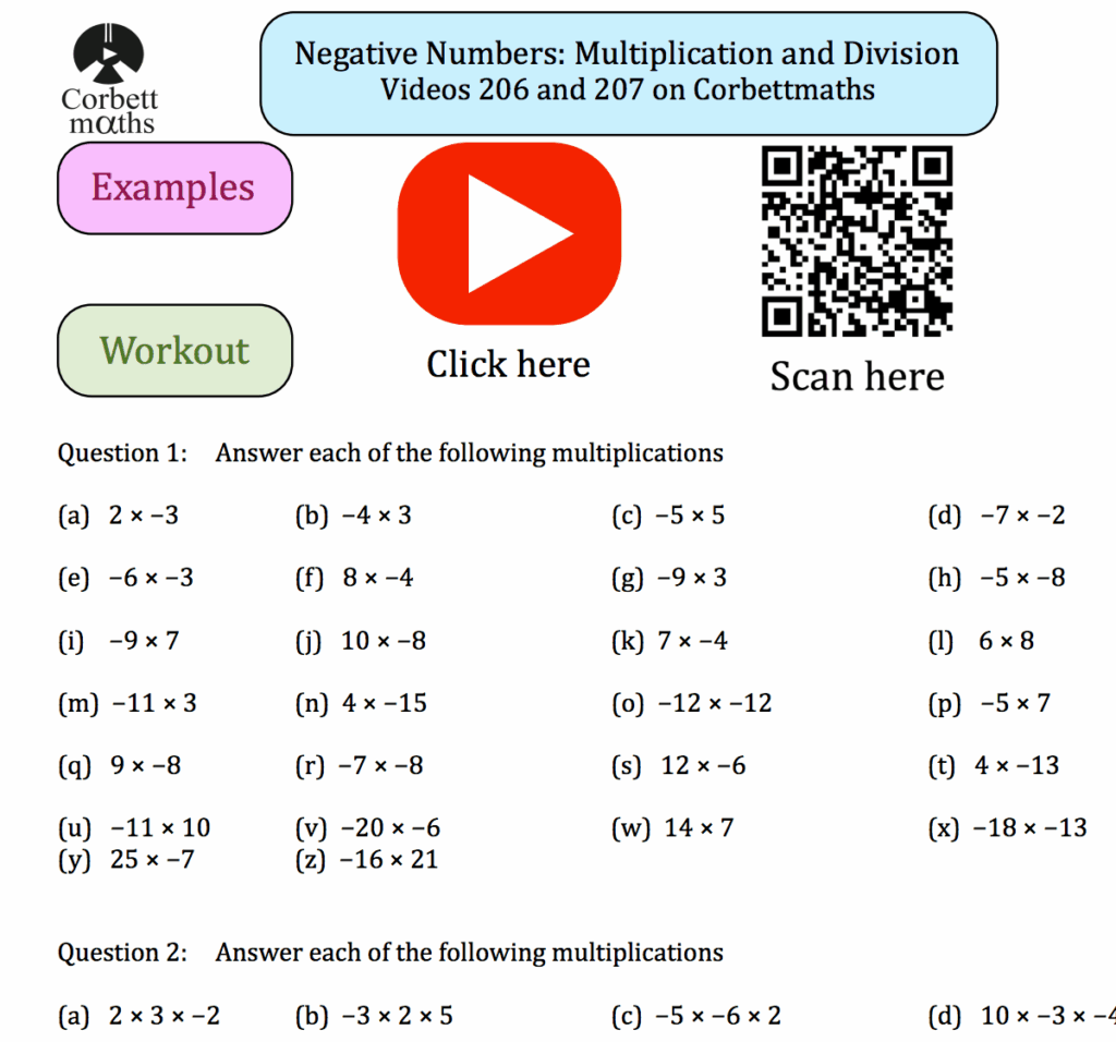 Multiplying Dividing Negative Numbers Worksheet - kids Printable