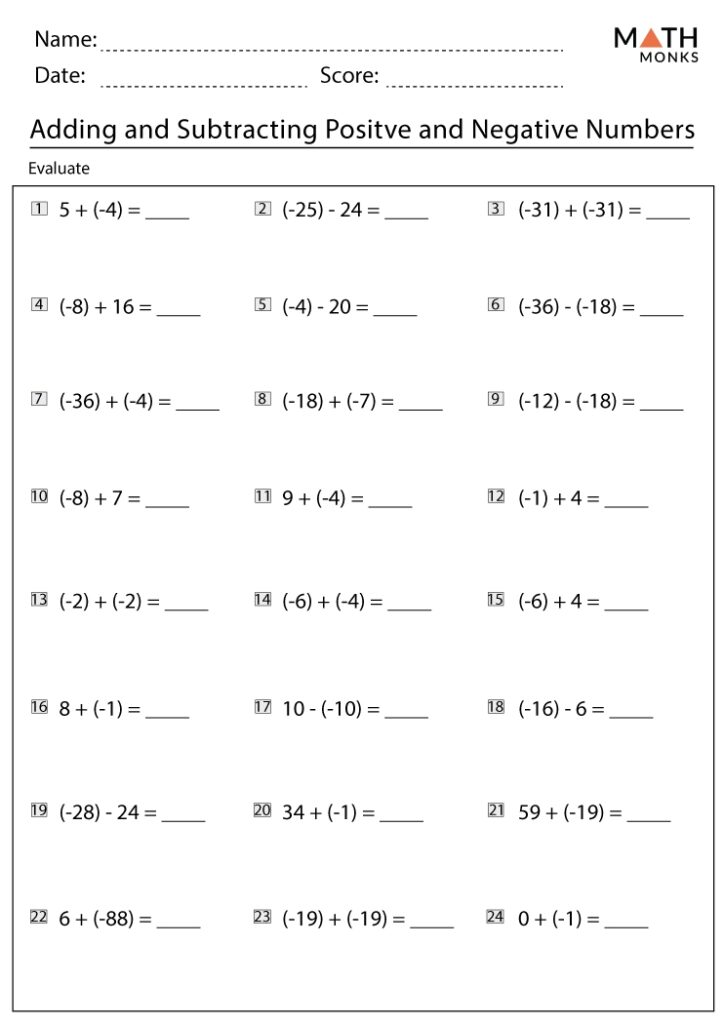 Add And Subtract Positive And Negative Numbers Worksheet - kids Printable