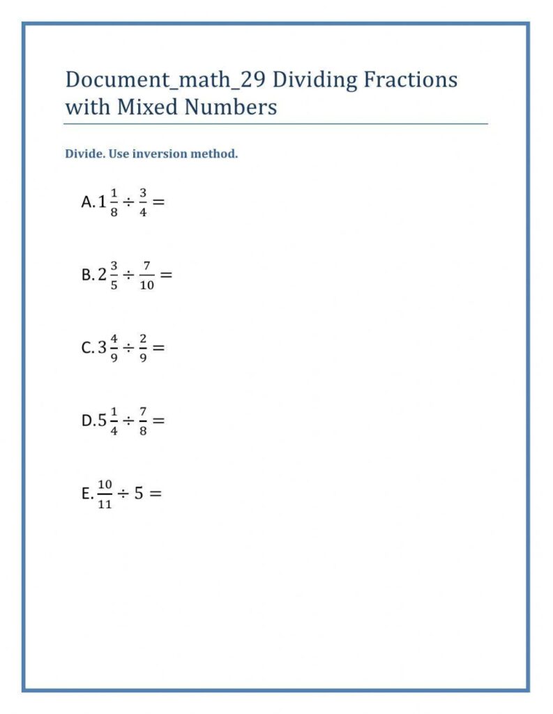 Dividing Fractions Mixed Numbers Worksheet - kids Printable