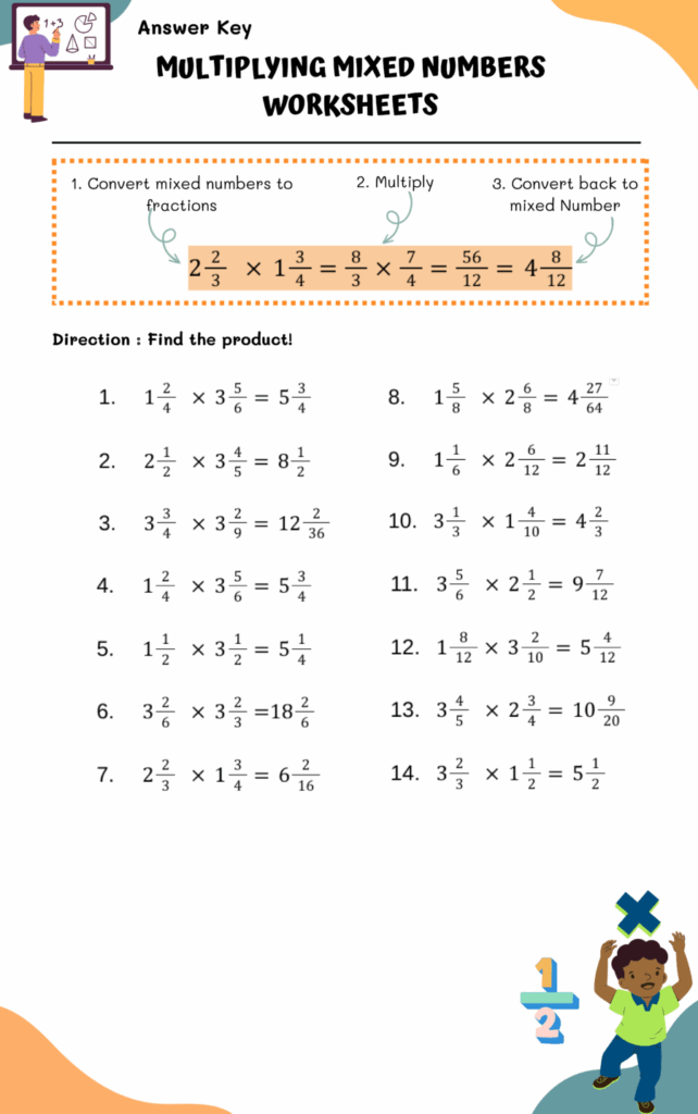 Multiplying Mixed Numbers Worksheets - kids Printable