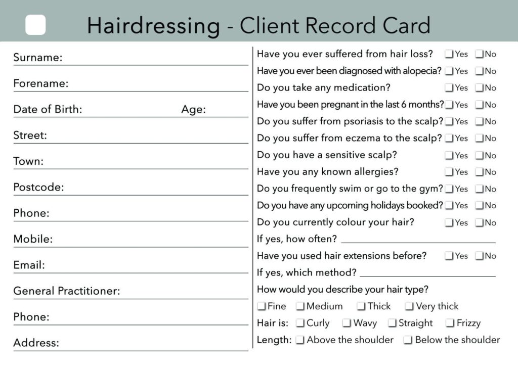 Printable Hair Salon Client Record Card Template - kids Printable
